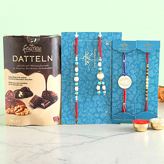 4 Striking Rakhis And Frutree Datteln Hamper norway | Gift 4 Striking ...