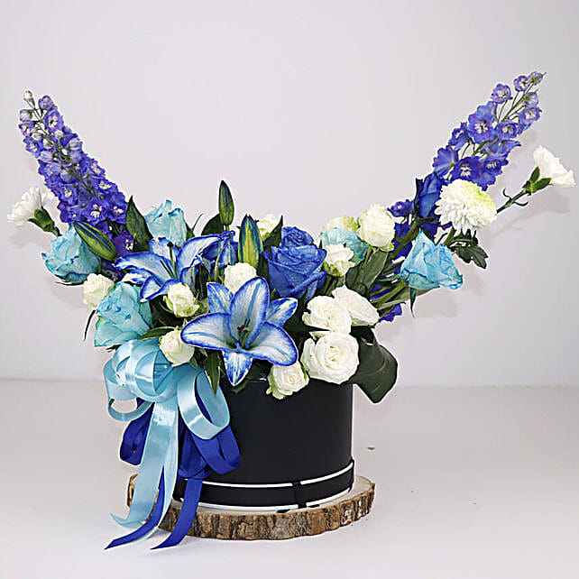 Bloomy Blue Flowers Box Arrangement oman | Gift Bloomy Blue Flowers Box ...