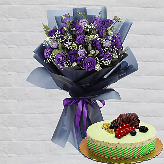 Purple Lisianthus & Kifaya Cake qatar | Gift Purple Lisianthus & Kifaya ...