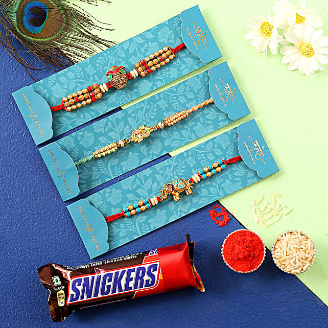 Set Of 3 Designer Rakhis & Snickers Chocolate qatar | Gift Set Of 3 ...