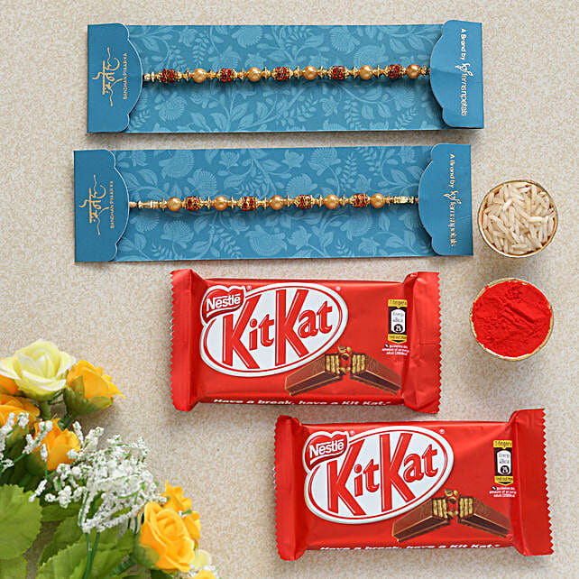Traditional Pearl Studded Rakhi Set And 2 Pcs Of Kitkat qatar | Gift ...
