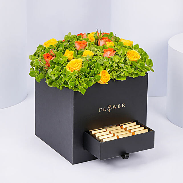 Green Hydrangea & Chocolate Arrangement Box qatar | Gift Green ...