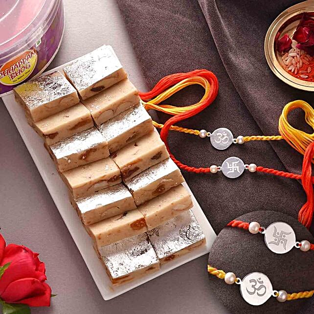 Devotional Silver Rakhi Set And Kaju Anjeer Burfi saudi-arabia | Gift ...
