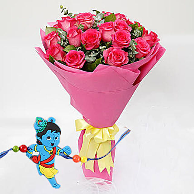 Ravishing 20 Dark Pink Roses Bouquet With Rakhi singapore | Gift ...