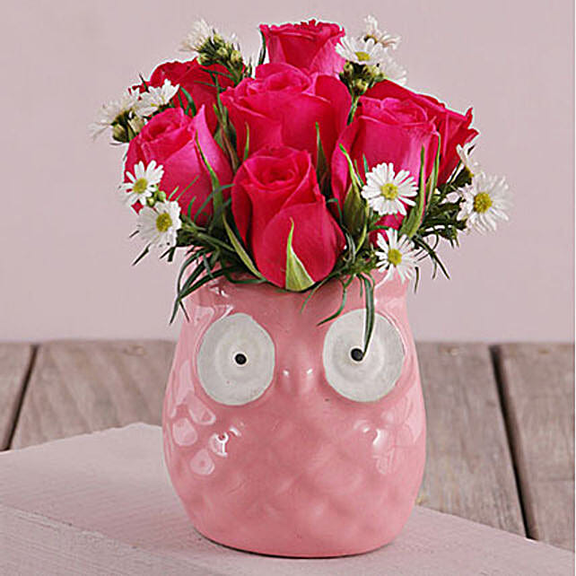 Cerise Roses In Ceramic Owl south-africa | Gift Cerise Roses In Ceramic ...