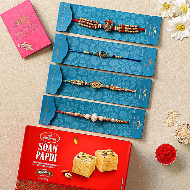 4 Traditional Rakhis & Soan Papdi Combo uae | Gift 4 Traditional Rakhis ...