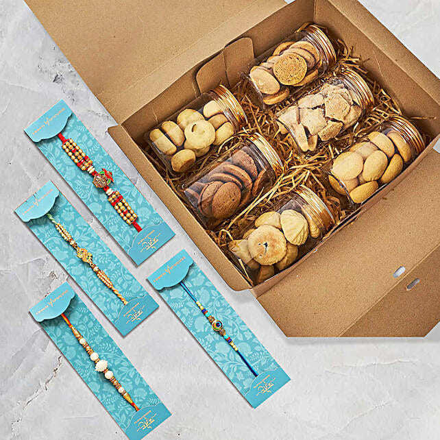 Set of 4 Rakhi with Assorted Cookies uae | Gift Set of 4 Rakhi with ...