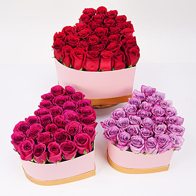 Trio of Roses Charm in Heart Shape Boxes uae | Gift Trio of Roses Charm ...