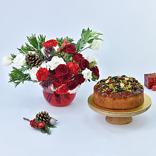 Seasons Greetings Flowers and Cherry Plum Cake uae | Gift Seasons ...