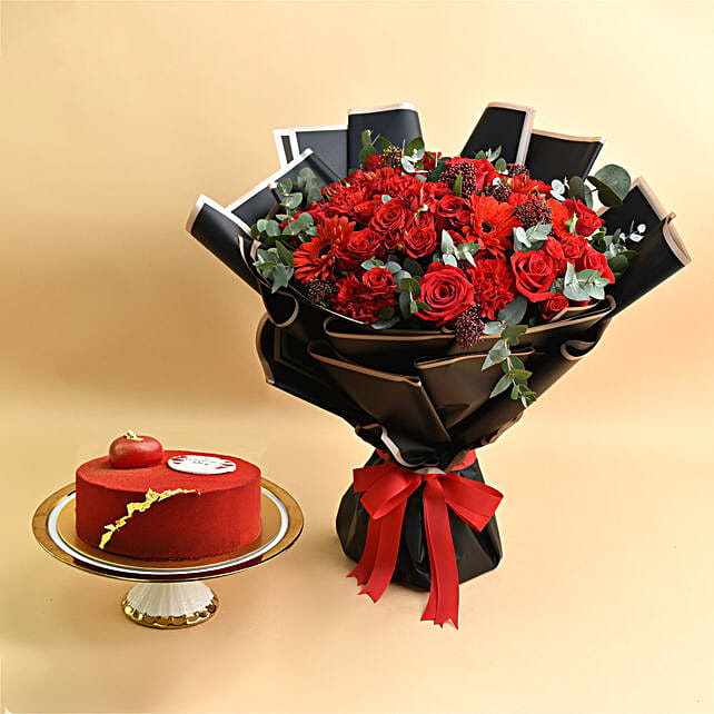 Joyful Red bouquet and Cake uae | Gift Joyful Red bouquet and Cake- FNP