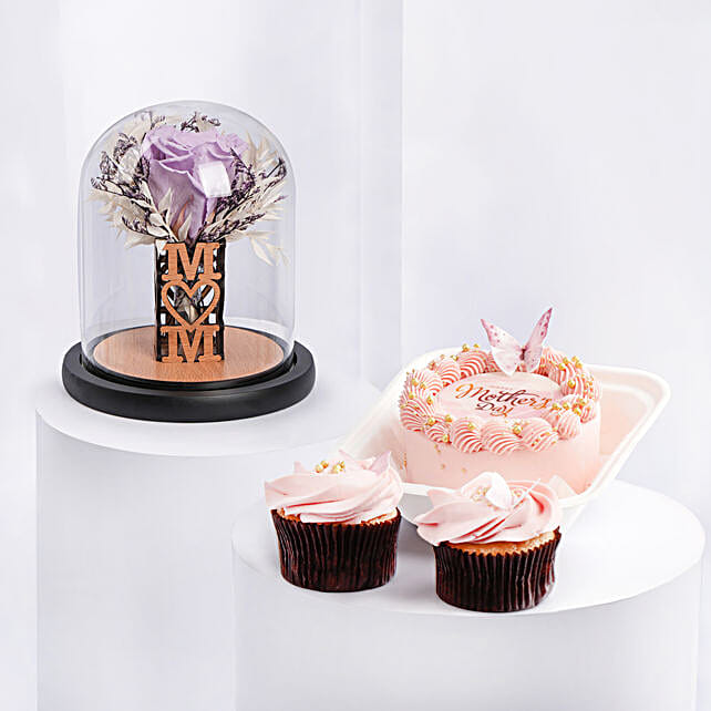 Mom Purple Preserved Rose And Cakes Box uae | Gift Mom Purple Preserved ...