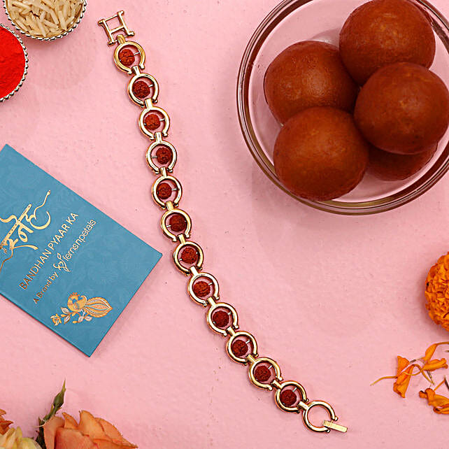 Rudraksha Bracelet Style Rakhi And Gulab Jamun Exp uk | Gift Rudraksha ...