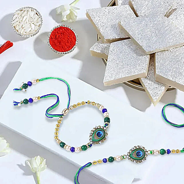 Peacock Bahiya Bhabhi Rakhi N Kaju Katli uk | Gift Peacock Bahiya Bhabhi Rakhi N Kaju Katli- FNP