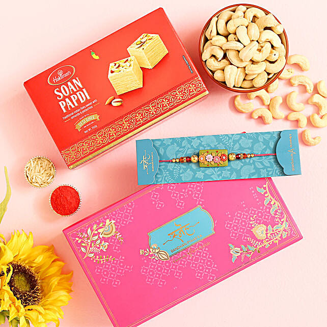 Rectangular Floral Rakhi And Cashew With Soan Papdi usa | Gift ...