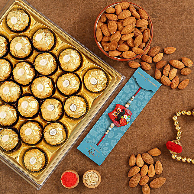 Maroon Owl Kids Rakhi And Almonds With Ferrero Rocher Exp usa | Gift ...