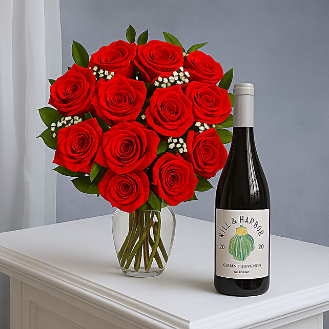 One Dozen Red Roses with Red Wine usa | Gift One Dozen Red Roses with ...