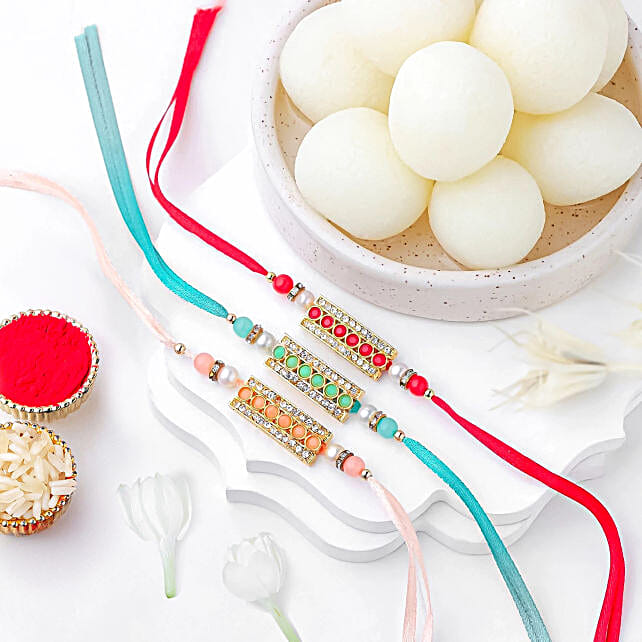 Sparkling Gemstone Trio Rakhi Set & Rasggulla Delight usa | Gift ...