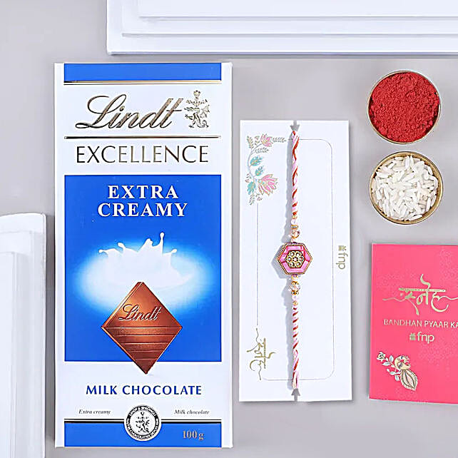 Sparkling Pink Hexagonal Rakhi N Lindt Bar usa | Gift Sparkling Pink ...